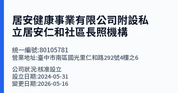 居安健康事業有限公司附設私立居安仁和社區長照機構的照片-統編 80105781(臺中市) 公司登記資料與營業項目詳細圖表