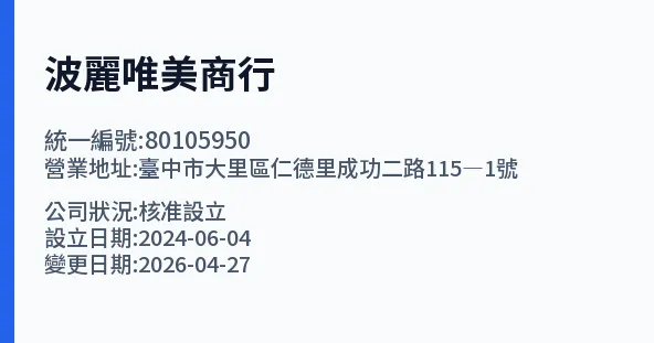 波麗唯美商行的照片-統編 80105950(臺中市) 公司登記資料與營業項目詳細圖表