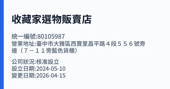 收藏家選物販賣店的照片-統編 80105987(臺中市) 公司登記資料與營業項目詳細圖表