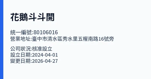 花鵝斗斗開的照片-統編 80106016(臺中市) 公司登記資料與營業項目詳細圖表
