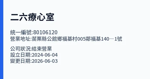二六療心室的照片-統編 80106120(苗栗縣) 公司登記資料與營業項目詳細圖表