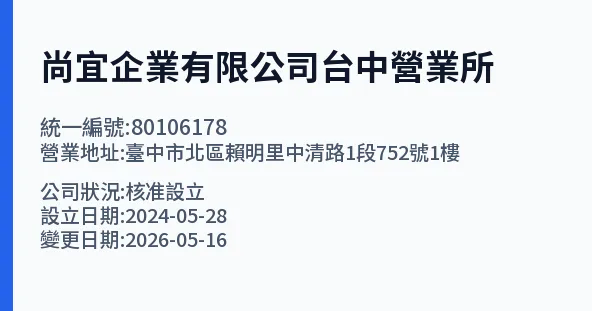 尚宜企業有限公司台中營業所的照片-統編 80106178(臺中市) 公司登記資料與營業項目詳細圖表