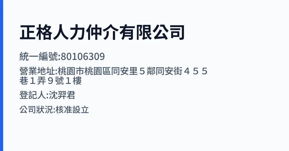 正格人力仲介有限公司 - 統編 80106309(桃園市) 公司登記資料與營業項目詳細圖表