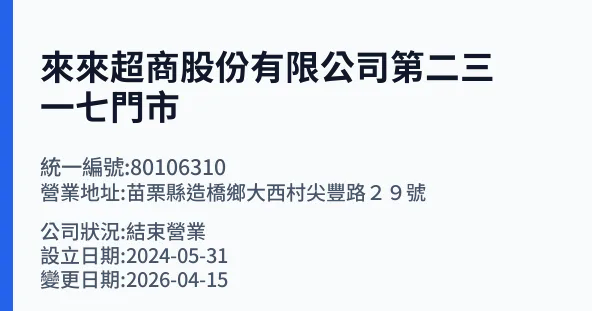 來來超商股份有限公司第二三一七門市的照片-統編 80106310(苗栗縣) 公司登記資料與營業項目詳細圖表
