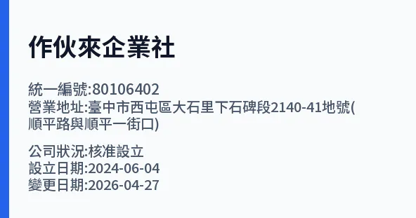 作伙來企業社的照片-統編 80106402(臺中市) 公司登記資料與營業項目詳細圖表