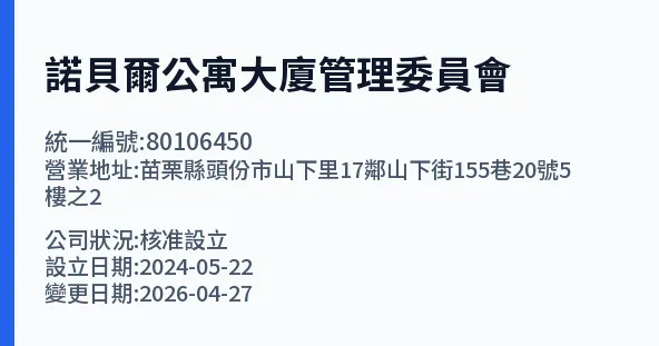 諾貝爾公寓大廈管理委員會的照片-統編 80106450(苗栗縣) 公司登記資料與營業項目詳細圖表