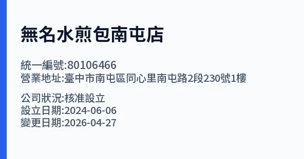 無名水煎包南屯店的照片-統編 80106466(臺中市) 公司登記資料與營業項目詳細圖表