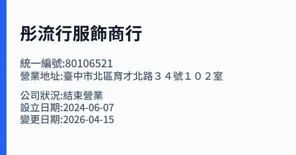 彤流行服飾商行的照片-統編 80106521(臺中市) 公司登記資料與營業項目詳細圖表