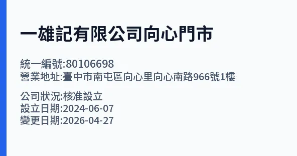 一雄記有限公司向心門市的照片-統編 80106698(臺中市) 公司登記資料與營業項目詳細圖表