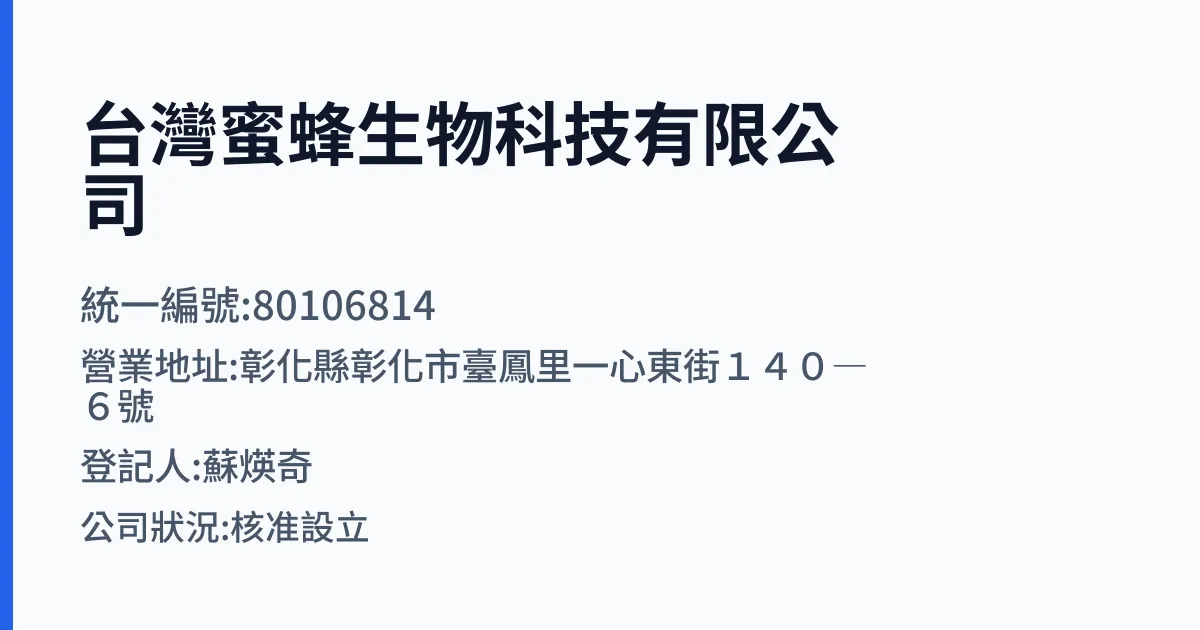 台灣蜜蜂生物科技有限公司 - 統編 80106814(彰化縣) 公司登記資料與營業項目詳細圖表