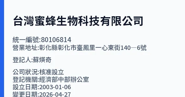 台灣蜜蜂生物科技有限公司的照片-統編 80106814(彰化縣) 公司登記資料與營業項目詳細圖表
