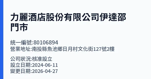 力麗酒店股份有限公司伊達邵門市的照片-統編 80106894(南投縣) 公司登記資料與營業項目詳細圖表