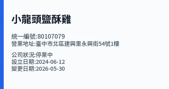 小龍頭鹽酥雞的照片-統編 80107079(臺中市) 公司登記資料與營業項目詳細圖表