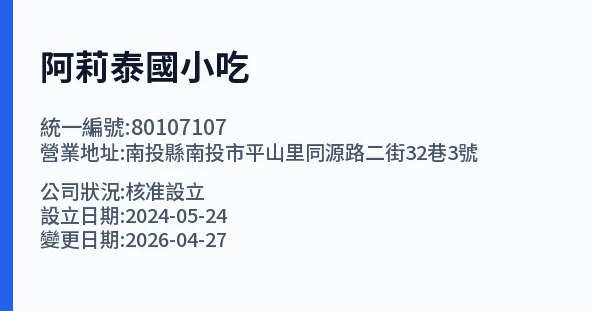 阿莉泰國小吃的照片-統編 80107107(南投縣) 公司登記資料與營業項目詳細圖表