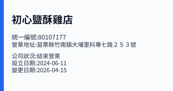 初心鹽酥雞店的照片-統編 80107177(苗栗縣) 公司登記資料與營業項目詳細圖表