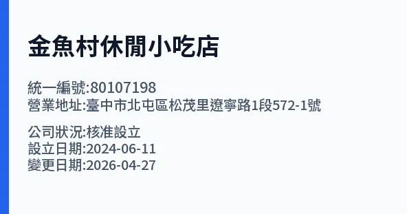金魚村休閒小吃店的照片-統編 80107198(臺中市) 公司登記資料與營業項目詳細圖表