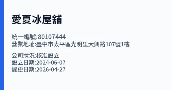愛夏冰屋舖的照片-統編 80107444(臺中市) 公司登記資料與營業項目詳細圖表