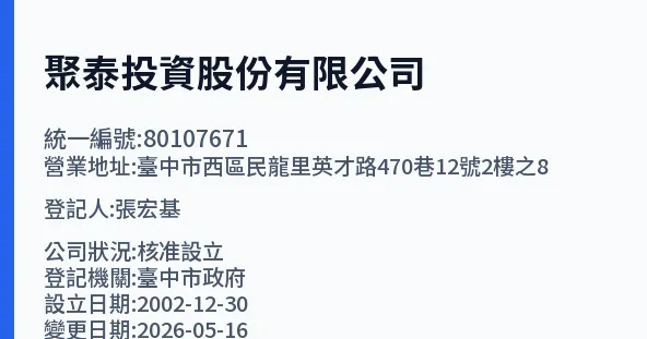 聚泰投資股份有限公司的照片-統編 80107671(臺中市) 公司登記資料與營業項目詳細圖表