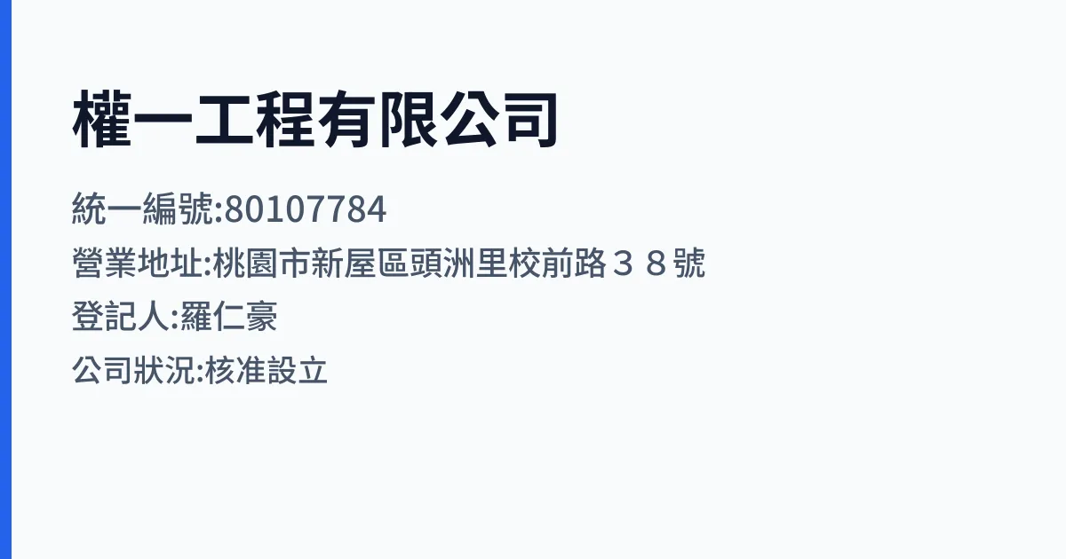 權一工程有限公司 - 統編 80107784(桃園市) 公司登記資料與營業項目詳細圖表