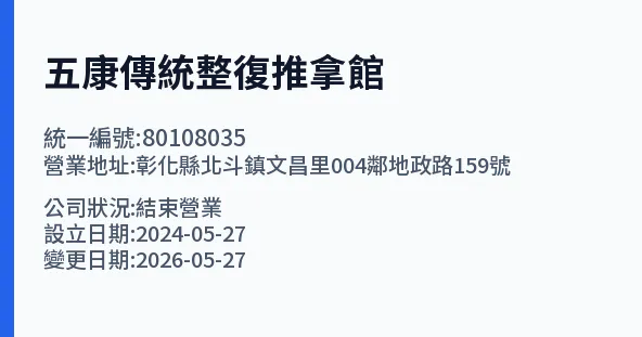 五康傳統整復推拿館的照片-統編 80108035(彰化縣) 公司登記資料與營業項目詳細圖表
