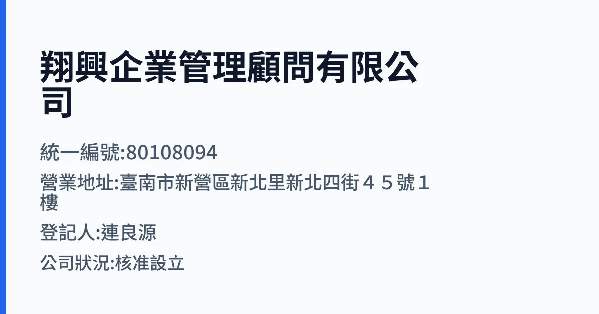 翔興企業管理顧問有限公司 - 統編 80108094(臺南市) 公司登記資料與營業項目詳細圖表