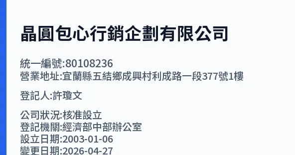 晶圓包心行銷企劃有限公司的照片-統編 80108236(宜蘭縣) 公司登記資料與營業項目詳細圖表