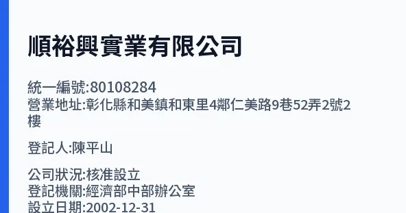 順裕興實業有限公司的照片-統編 80108284(彰化縣) 公司登記資料與營業項目詳細圖表