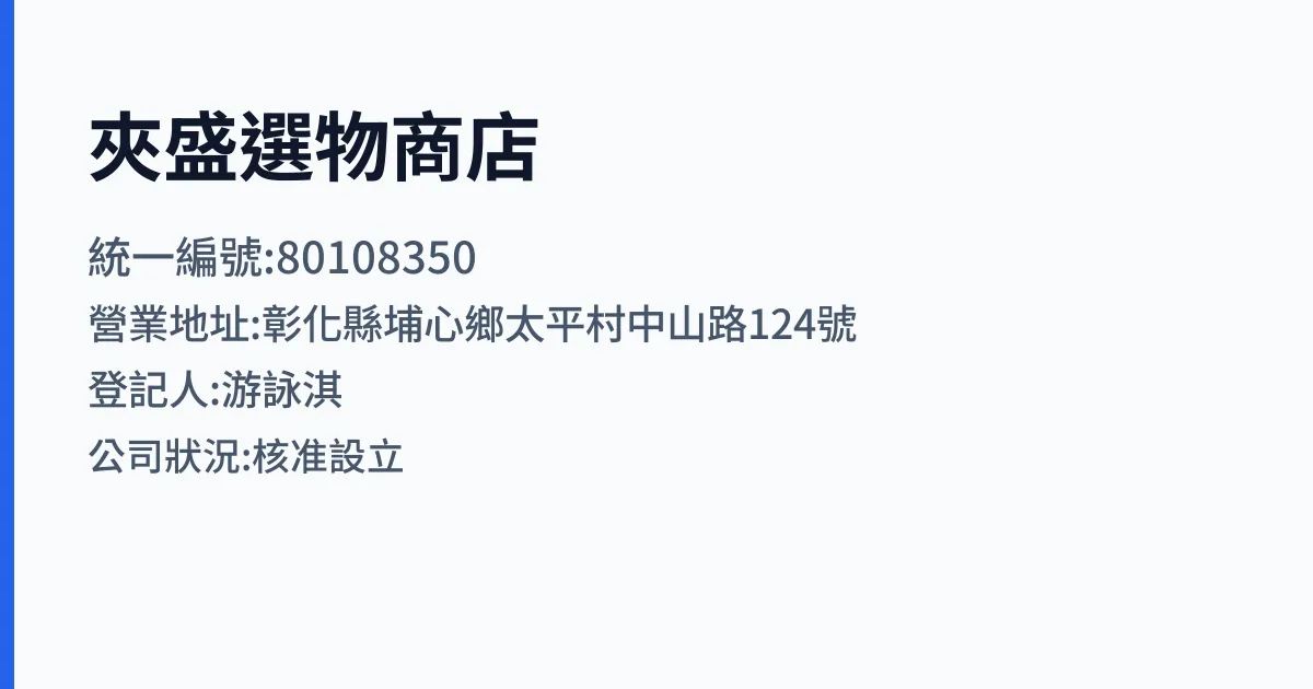 夾盛選物商店 - 統編 80108350(彰化縣) 公司登記資料與營業項目詳細圖表