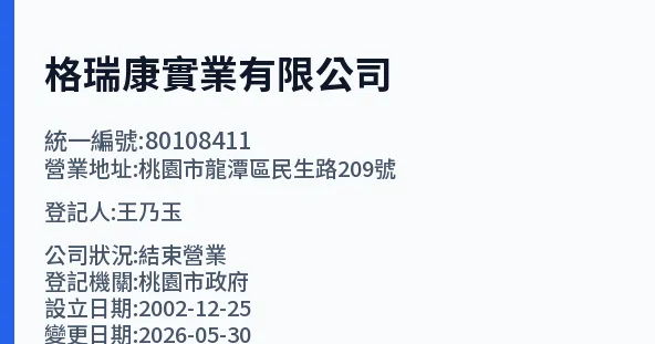 格瑞康實業有限公司的照片-統編 80108411(桃園市) 公司登記資料與營業項目詳細圖表