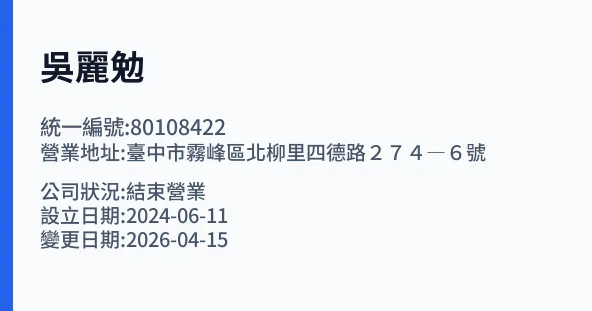 吳麗勉的照片-統編 80108422(臺中市) 公司登記資料與營業項目詳細圖表