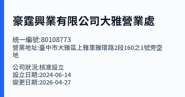豪霆興業有限公司大雅營業處的照片-統編 80108773(臺中市) 公司登記資料與營業項目詳細圖表