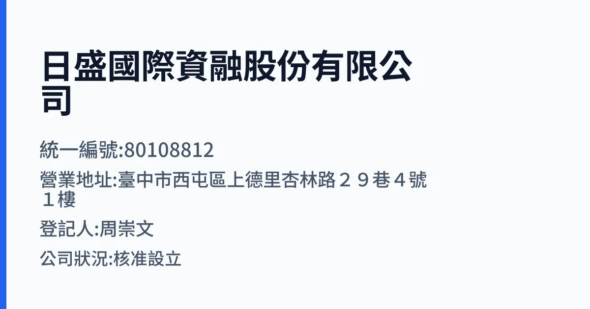 日盛國際資融股份有限公司 - 統編 80108812(臺中市) 公司登記資料與營業項目詳細圖表
