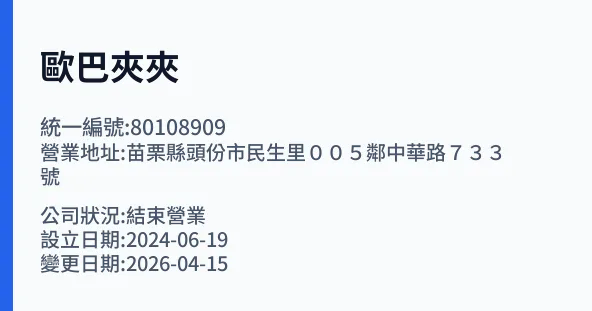 歐巴夾夾的照片-統編 80108909(苗栗縣) 公司登記資料與營業項目詳細圖表