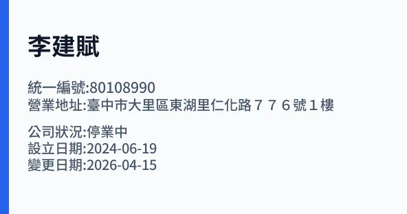 李建賦的照片-統編 80108990(臺中市) 公司登記資料與營業項目詳細圖表