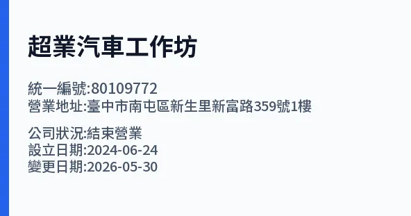 超業汽車工作坊的照片-統編 80109772(臺中市) 公司登記資料與營業項目詳細圖表