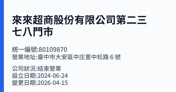 來來超商股份有限公司第二三七八門市的照片-統編 80109870(臺中市) 公司登記資料與營業項目詳細圖表