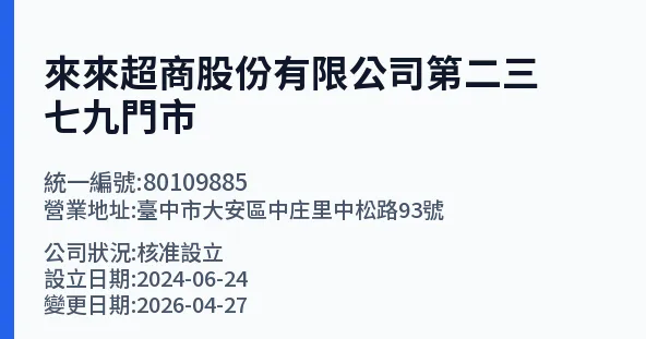 來來超商股份有限公司第二三七九門市的照片-統編 80109885(臺中市) 公司登記資料與營業項目詳細圖表