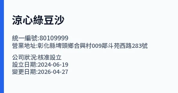 涼心綠豆沙的照片-統編 80109999(彰化縣) 公司登記資料與營業項目詳細圖表