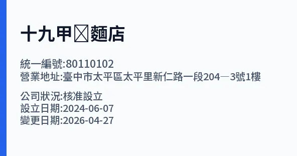 十九甲焿麵店的照片-統編 80110102(臺中市) 公司登記資料與營業項目詳細圖表
