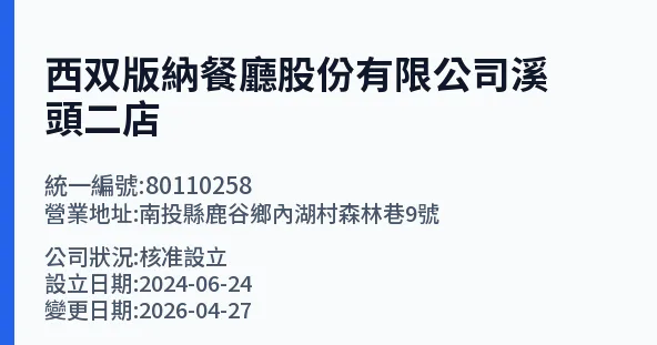 西双版納餐廳股份有限公司溪頭二店的照片-統編 80110258(南投縣) 公司登記資料與營業項目詳細圖表