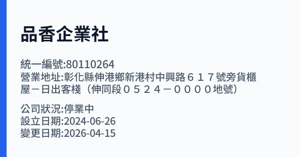 品香企業社的照片-統編 80110264(彰化縣) 公司登記資料與營業項目詳細圖表