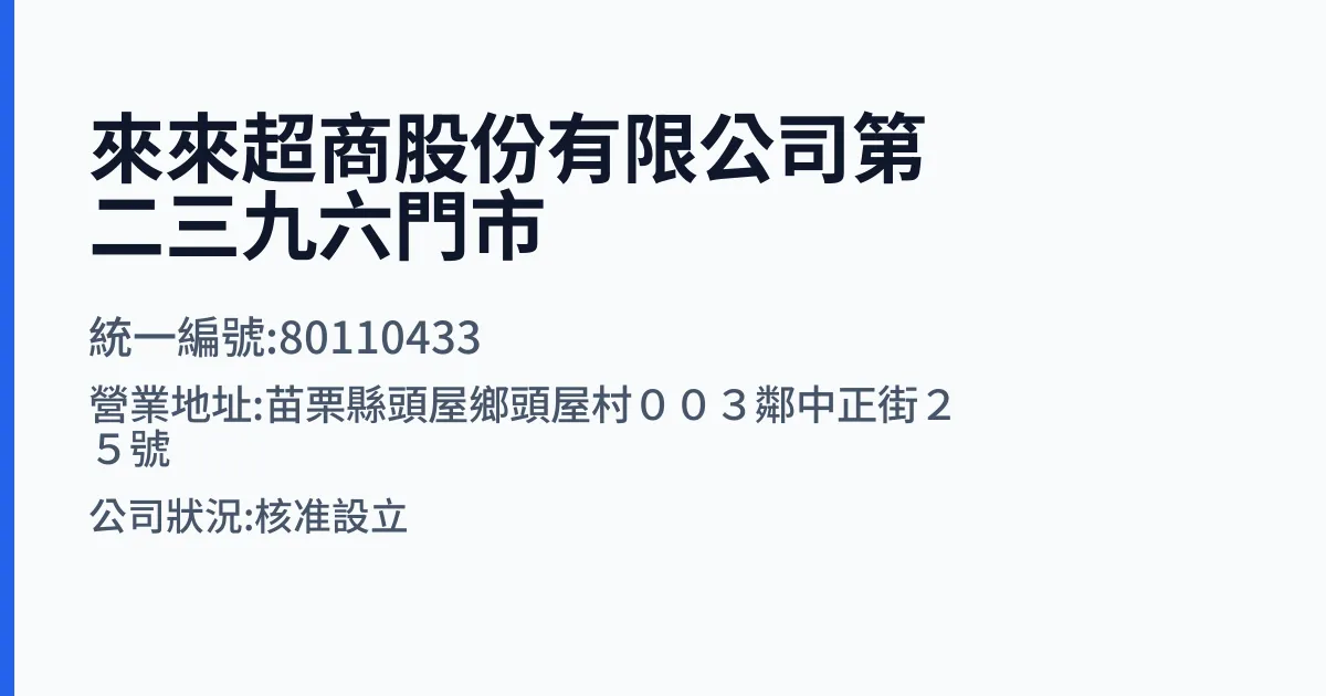 來來超商股份有限公司第二三九六門市 - 統編 80110433（苗栗縣） 公司登記資料與營業項目詳細圖表