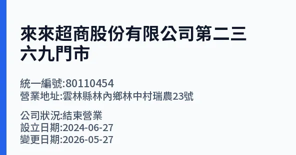 來來超商股份有限公司第二三六九門市的照片-統編 80110454(雲林縣) 公司登記資料與營業項目詳細圖表