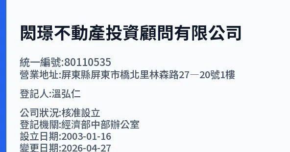 閎璟不動產投資顧問有限公司的照片-統編 80110535(屏東縣) 公司登記資料與營業項目詳細圖表
