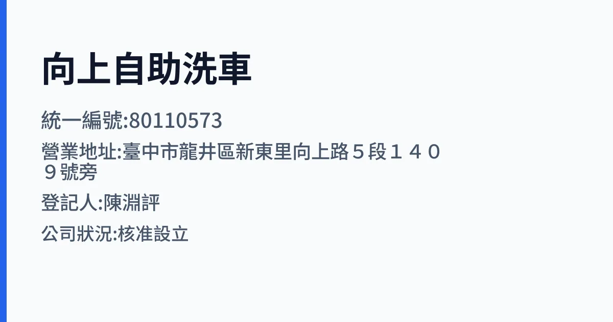 向上自助洗車 - 統編 80110573(臺中市) 公司登記資料與營業項目詳細圖表