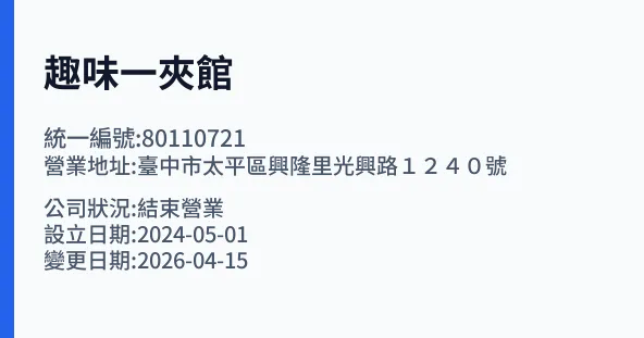 趣味一夾館的照片-統編 80110721(臺中市) 公司登記資料與營業項目詳細圖表