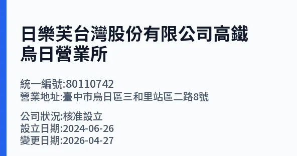日樂芙台灣股份有限公司高鐵烏日營業所的照片-統編 80110742(臺中市) 公司登記資料與營業項目詳細圖表
