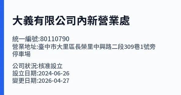 大義有限公司內新營業處的照片-統編 80110790(臺中市) 公司登記資料與營業項目詳細圖表