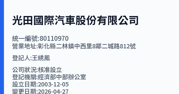 光田國際汽車股份有限公司的照片-統編 80110970(彰化縣) 公司登記資料與營業項目詳細圖表