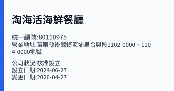 淘海活海鮮餐廳的照片-統編 80110975(苗栗縣) 公司登記資料與營業項目詳細圖表